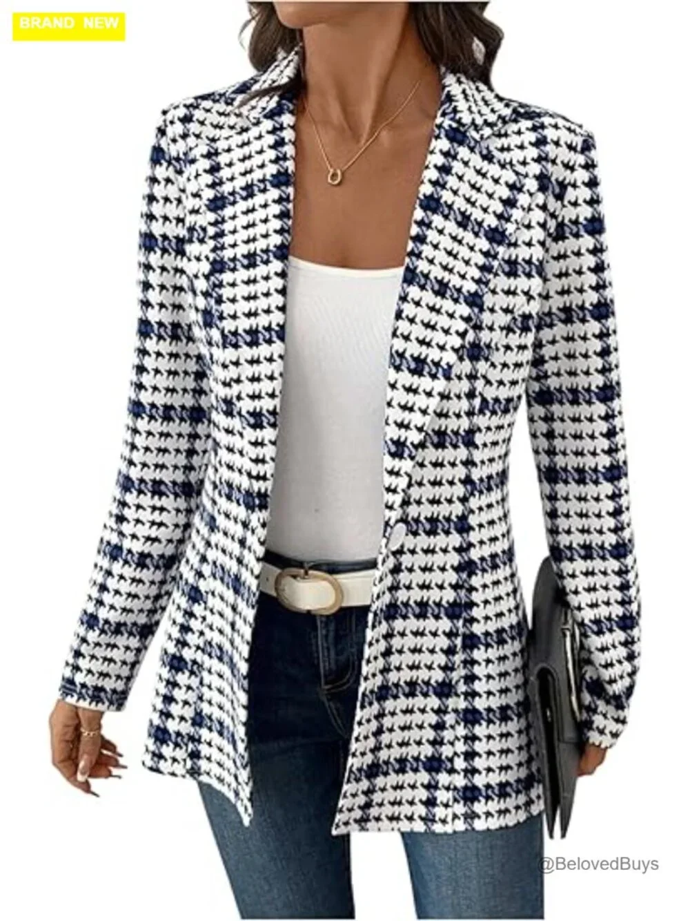 Jackets & Coats | Houndstooth Long Sleeve Button Blazer Jacket Open ...